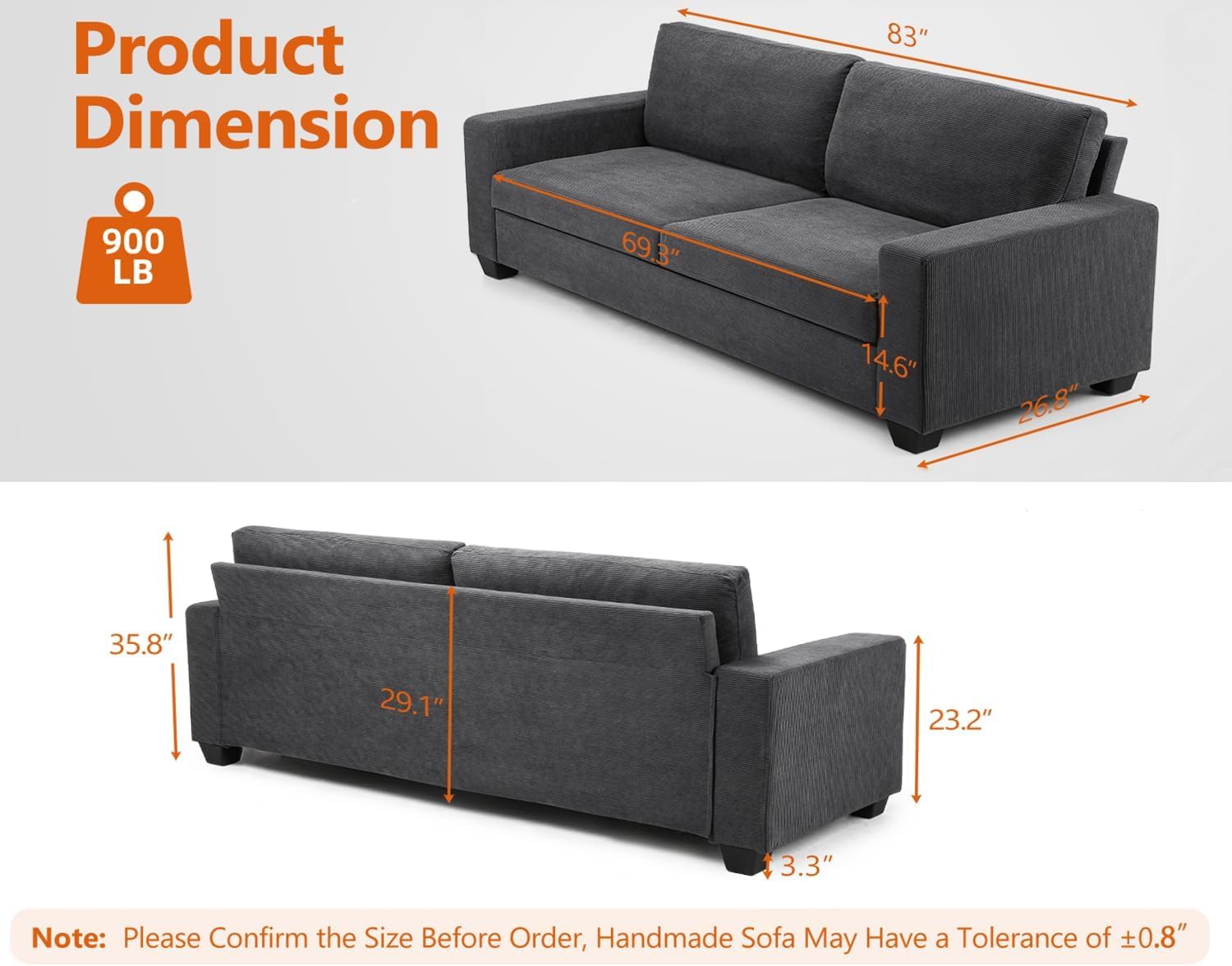 coucheta Couch for Living Room 83-inch Comfy Sofa Couch 3 Seater Couch Modern Sofa with Deep Seat for Bedroom Apartment Home Office (Corduroy),Grey
