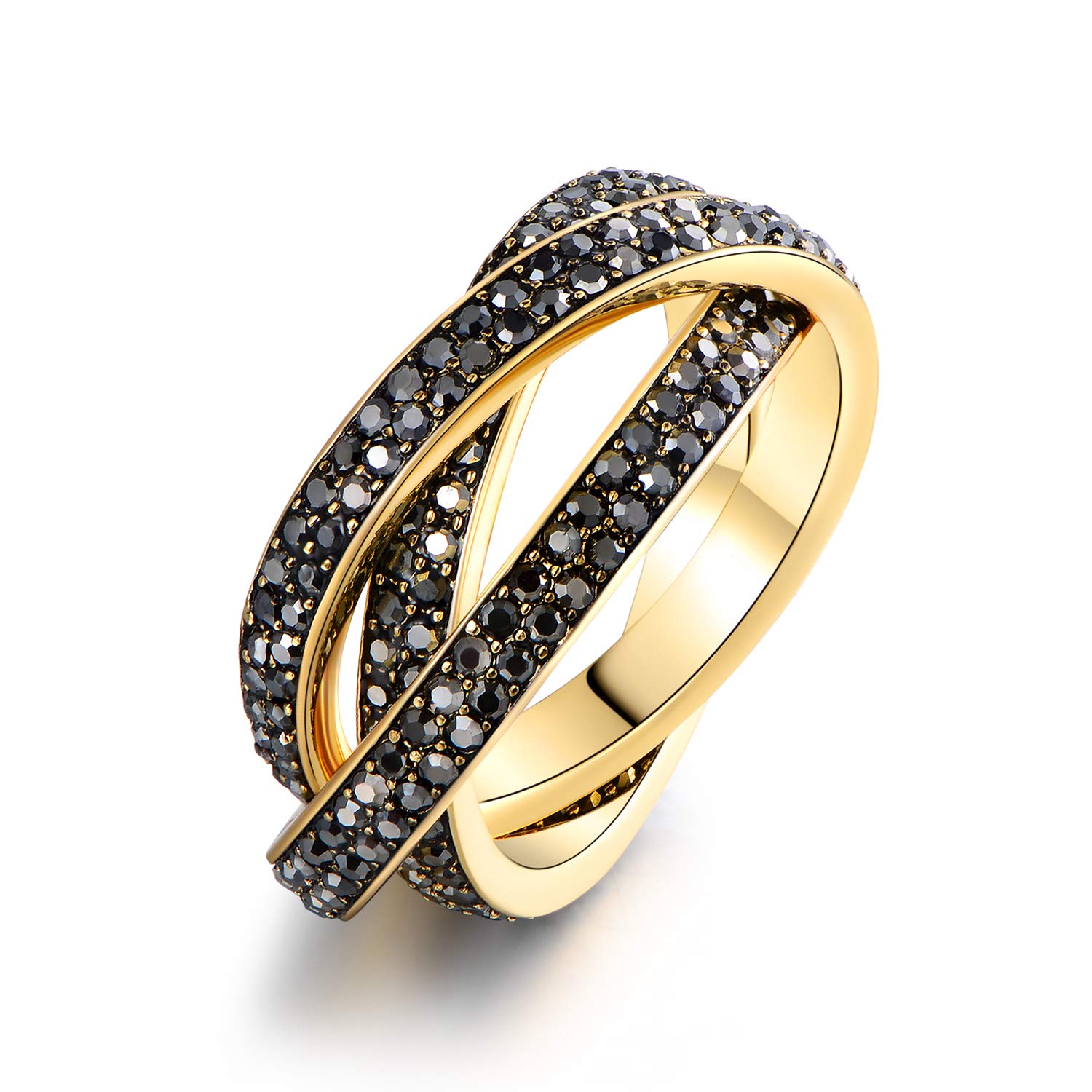 Barzel 18K Gold Plated Cubic Zirconia Rolling Rings (Gold with Black Stones, 8)