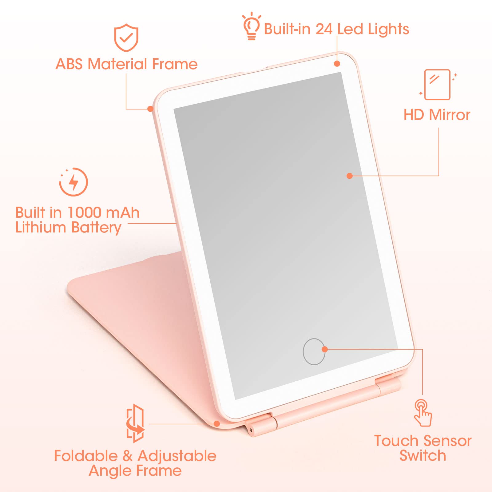Buqikma Travel Makeup Mirror with Lights,7.9Inch Folding Lighted Travel Mirror Dimmible Ultra Thin Tabletop Cosmetic Mirror USB Rechargeable Compact Mirror for Women