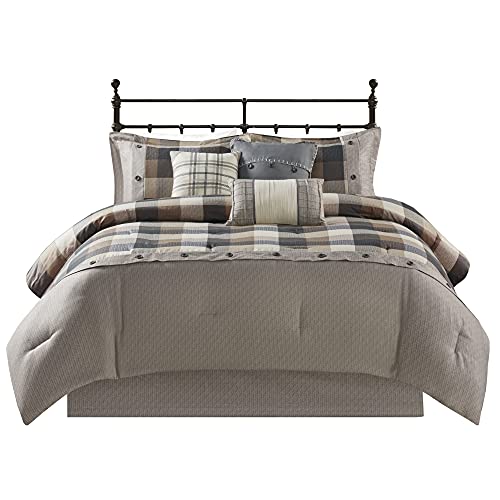 Madison Park Ridge Comforter Set-Cabin Lodge Plaid Herringbone Design All Season Down Alternative Cozy Bedding with Matching Bedskirt, Shams, Decorative Pillow, Queen(90"x90"), Neutral 7 Piece