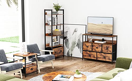 Furologee 6-Tier Bookshelf and Nightstand Set, Tall Bookcase and Rustic End Table with Fabric Drawers, Metal Frame, Rustic Brwon