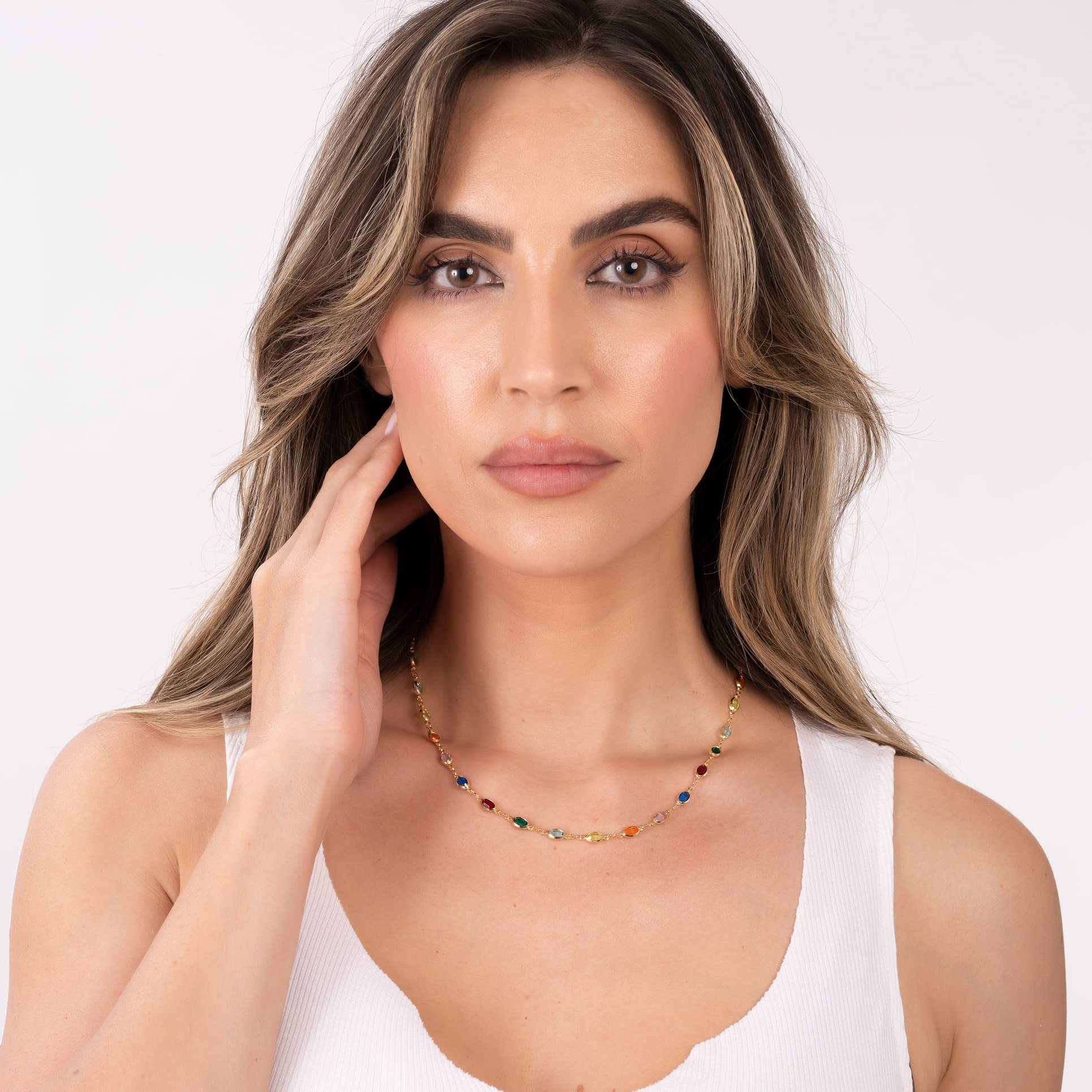 Barzel 18K Gold Plated Oval Multicolor Stone Crystal Necklace for Women - Made In Brazil