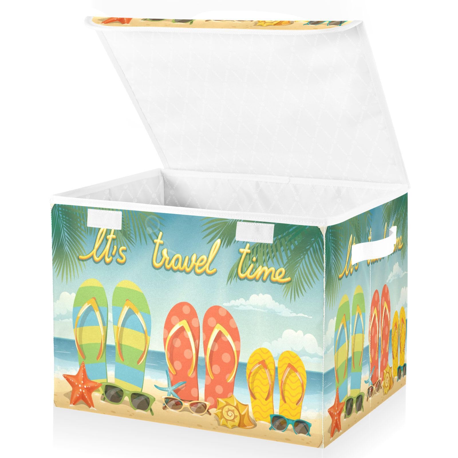 DIGTIA Storage Bins with Lids Vintage Summer Flip Flop Foldable Storage Boxes with Handles Beach Tropical Leaves Large Storage Basket Collapsible Organizer Containers for Closet Home Bedroom Office