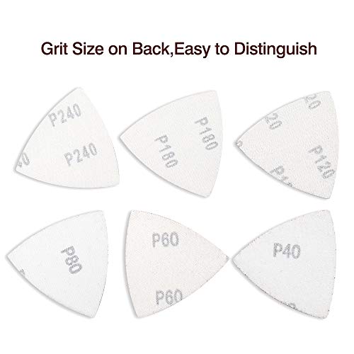 Coceca 100pcs Triangle Sanding Pads Sandpaper Hook and Loop Sanding Sheet for Wood Fit 3-1/8 Inches Oscillating Multi Tool, 40/60/80120/180/240 Grit