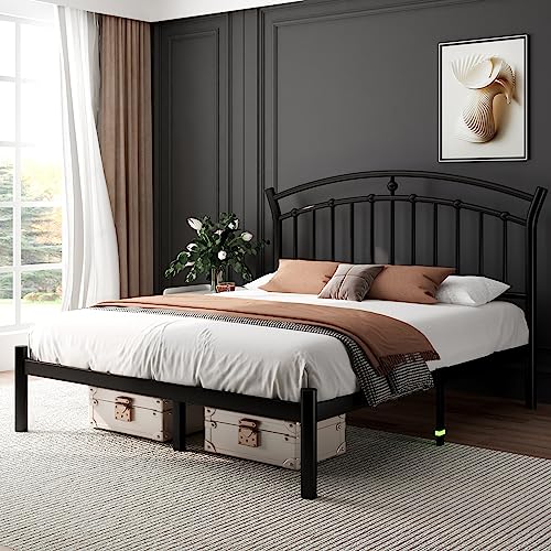 Feonase Full Size Metal Platform Bed Frame with Retro Headboard, Hardened Steel Tube, 12" Under-Bed Storage, No Box Spring Needed, Easy Assembly, Black