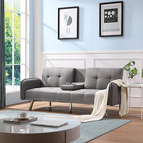 FULife Futon Sofa Convertible Sleeper Couch Bed Daybed Loveseat, Folding Recliner with 2 Cup Holders, Metal Legs, Removable Soft Pillow-Top Armrest for Living Room Small Place, Light Gray 66.1
