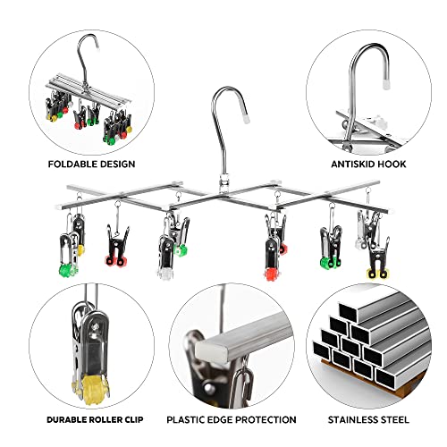 JSFPMC Drying Hanger, Hanging Drying Rack, Drip Hanger Stainless Steel with 10 Pegs for Laundry Underwear Socks, The Clips Release Quickly, Folding Portable