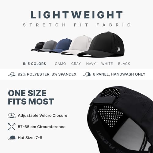 Branded Bills Bare Curved Performance Hat, Black, Fits 7-8, with Flexfit Sweatband, Adjustable Velcro Closure, Fitted Style | Lightweight, Comfortable Stretch, Quick Dry & Water Repellent Baseball Cap