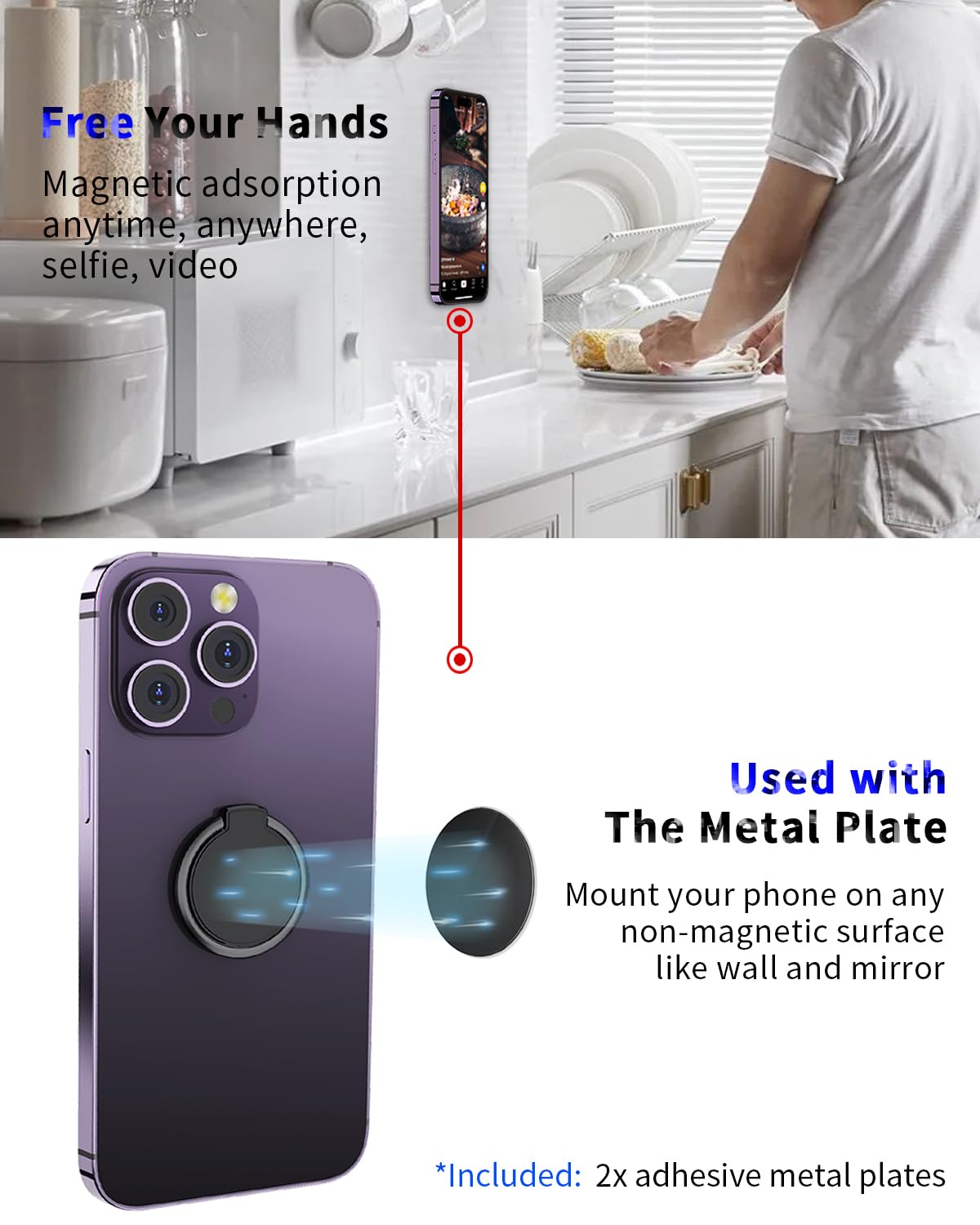 CHEEDAY Magnetic Phone Ring Grip, [4 Strong Magnets] Gym Finger Ring Holder 360° Rotation for Magnetic Car Mount, Metal Plate, Compatible with iPhone 15 14 13 12 Pro Max, All Smartphones, Black