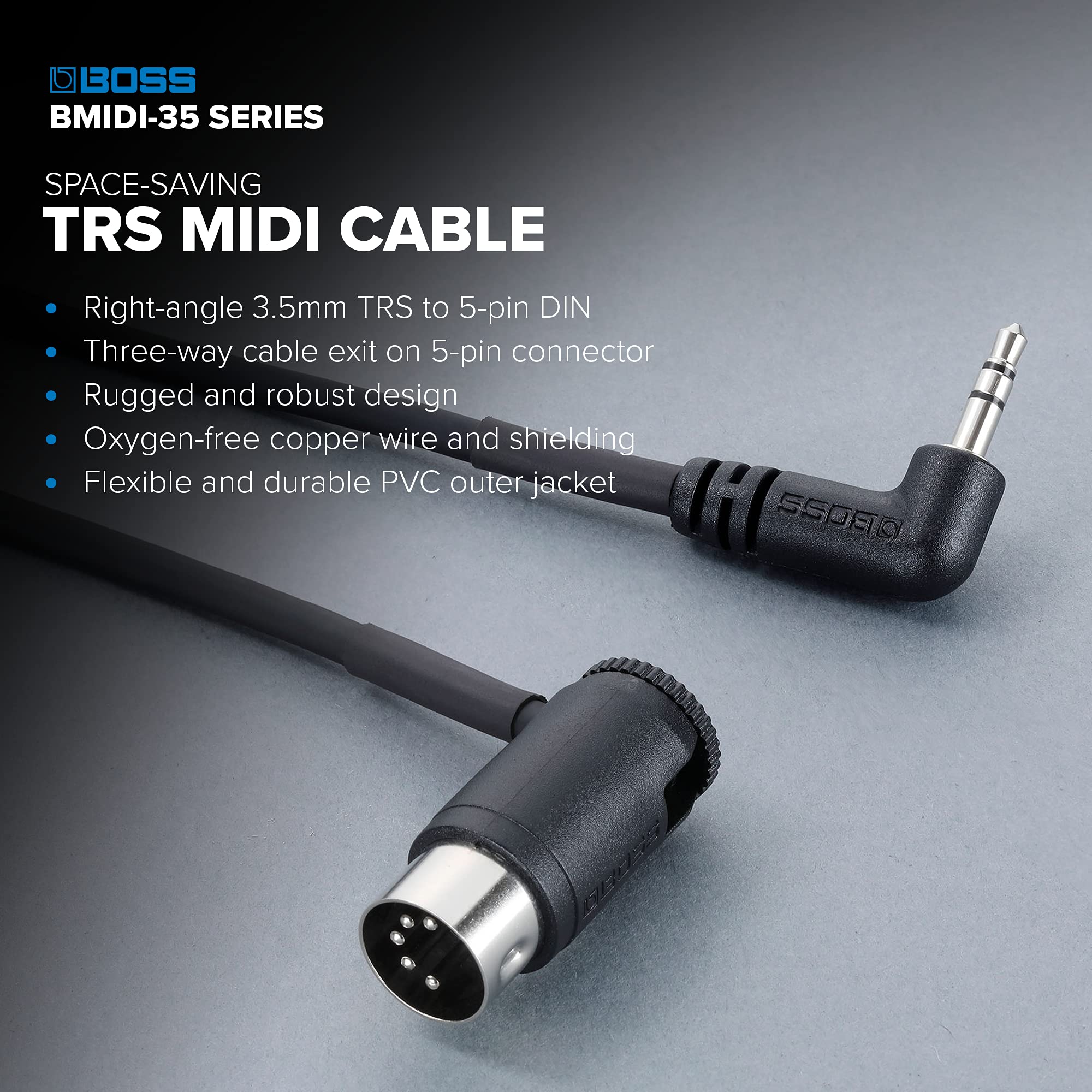 BOSS BMIDI-2-35 β 2ft / 60cm β Space-Saving 3.5mm TRS to Multi-Directional 5-Pin MIDI Cable β Provides Premium connectivity Pedals