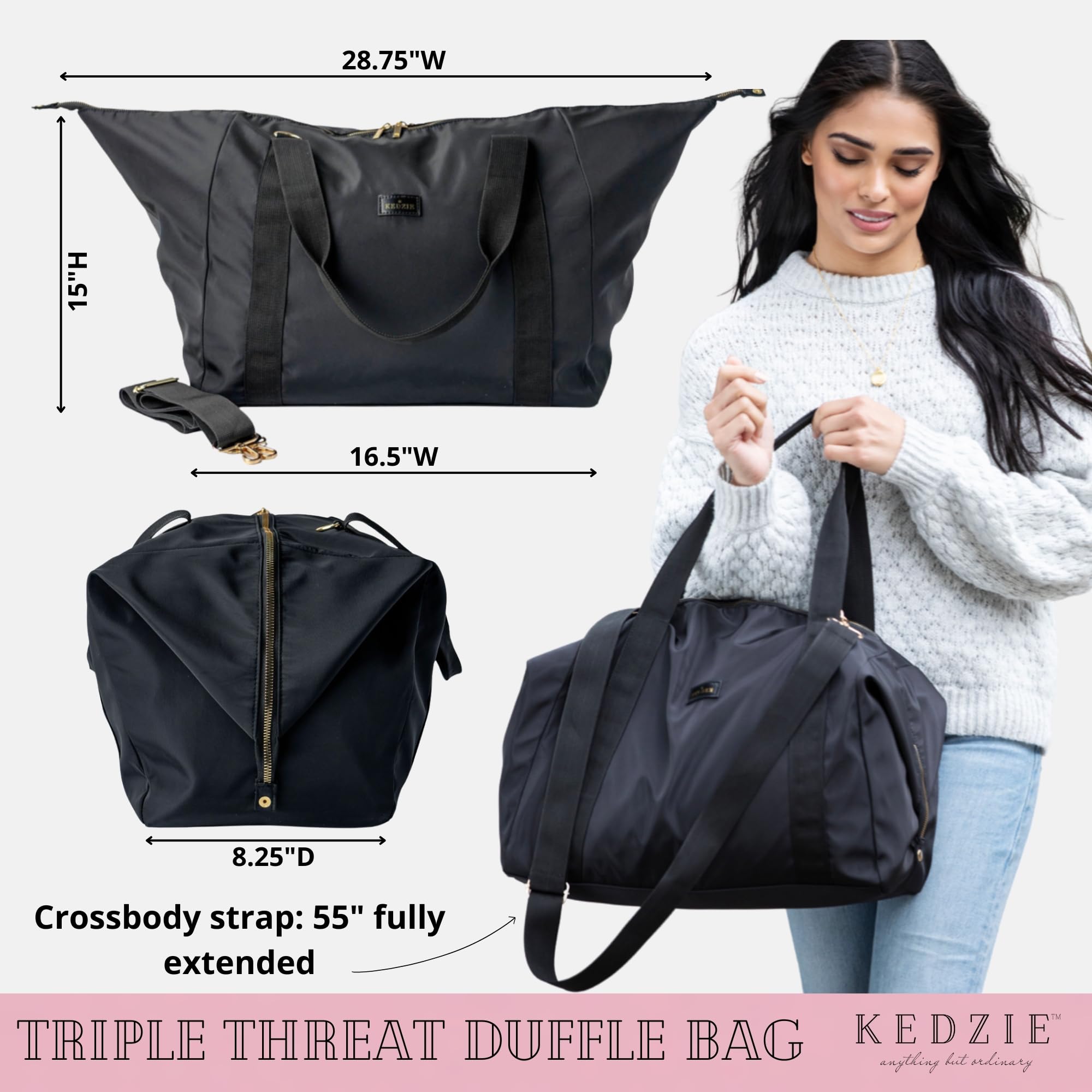KEDZIE Triple Threat Foldable Duffle Shoulder Bag for Women with Adjustable Removable Shoulder Strap - Black
