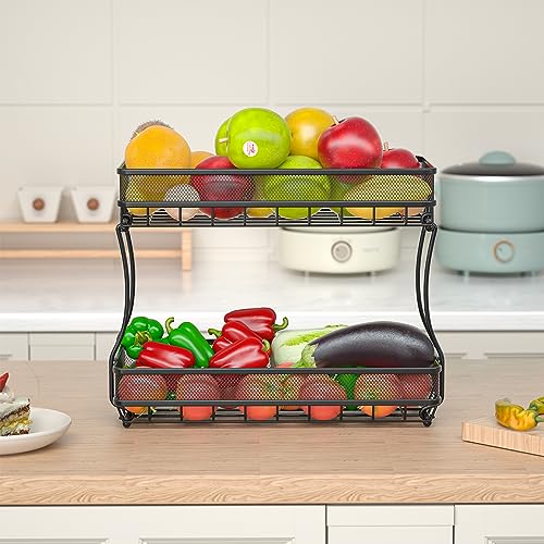 iNUREYE 2 Tier Fruit Basket for Counter, Metal Fruit Basket Stand Detachable Fruit Holder Bread Vegetable Storage Basket Square Fruit Bowl for Kitchen Counter Dining Table