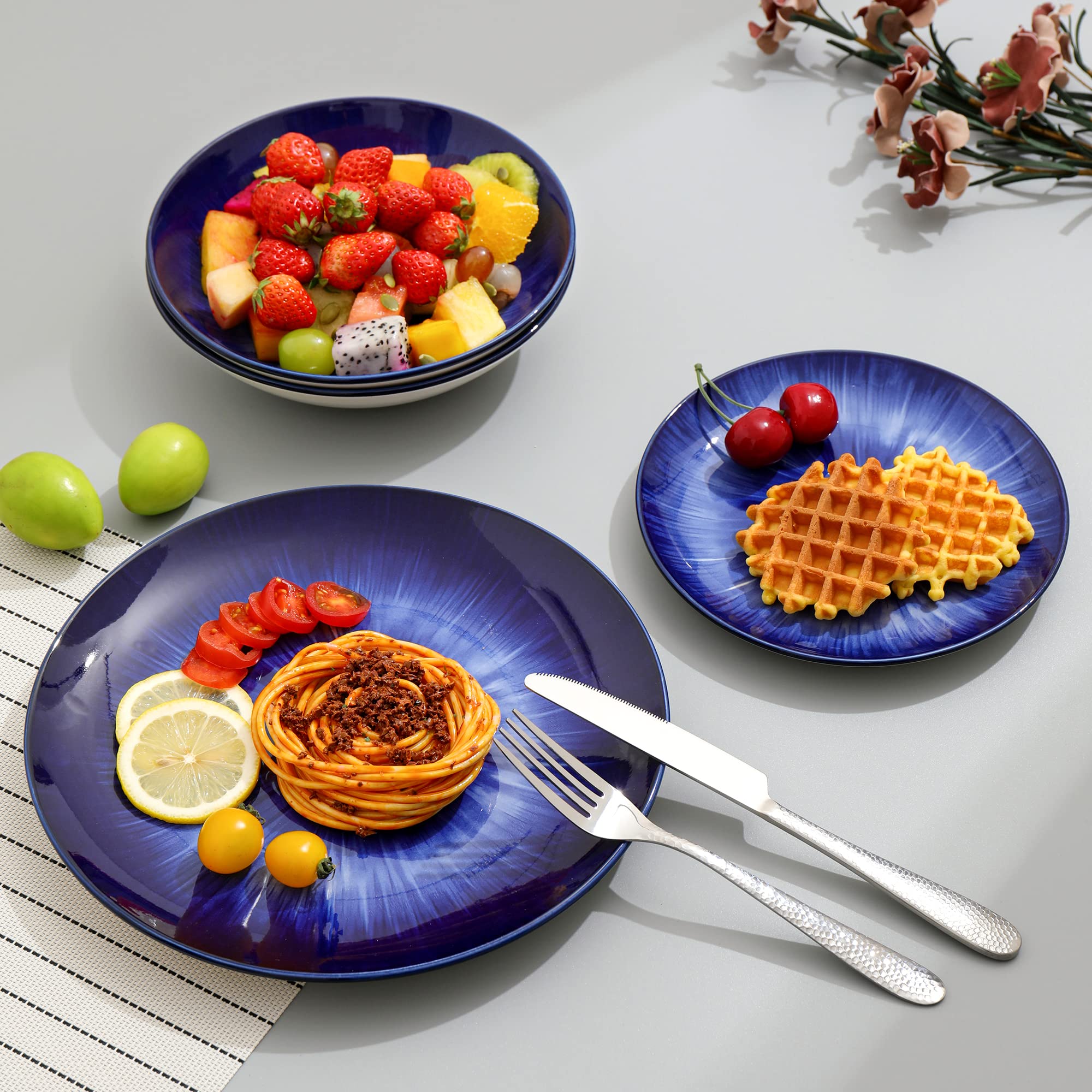 Bestone 12 Piece Round Kitchen Dinnerware Set,Plates and Bowls sets,Dishes, Plates, Bowls, Dish Set,Plates and Bowls,Service for 4, Chip Resistant Porcelain (Dark Blue)