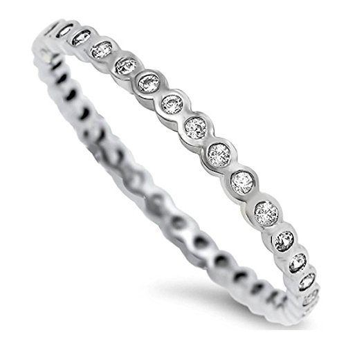 Blue Apple Co. 2mm Full Eternity Stackable Wedding Band Round Simulated Cubic Zirconia Yellow Tone 925 Sterling Silver, Size - 7
