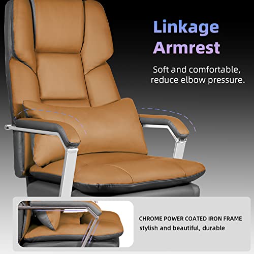 SeekFancy Reclining Office Chair with Footrest O203, Big and Tall Office Chair 500lbs Wide Seat with 170° Backrest, High Back Large Executive Office Chair Lumbar Support,Brown Leather Managerial Chair