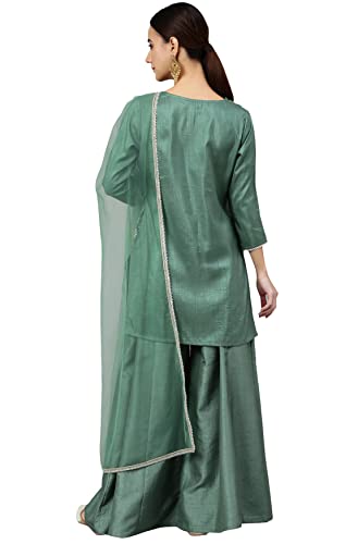 Janasya Indian Women's Mint Green Chinon Foil Print Kurta with Flared Palazzo and Dupatta(SET530-KR-PP-A-XXL)