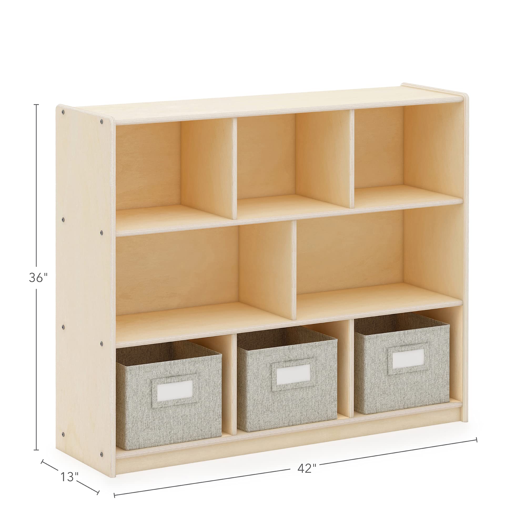 Guidecraft EdQ Three Shelf Compartment Storage Natural with 3 Fabric Bins: Wood Bookshelf and Toy Organizer for Kids, Storage Unit for Homeschool and Classroom
