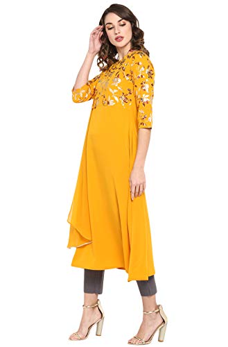 Janasya Women's Mustard Foil Printed Poly Crepe Kurta