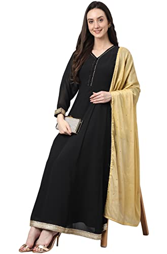 Janasya Indian Women's Black Georgette Solid Kurta with Dupatta(SET578-KR-DPT-A-L)