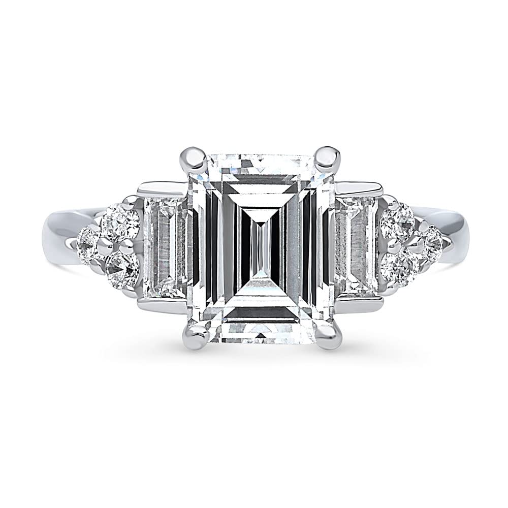 BERRICLE Sterling Silver 3-Stone Wedding Engagement Rings Emerald Cut Cubic Zirconia CZ Ring for Women, Rhodium Plated Size 7