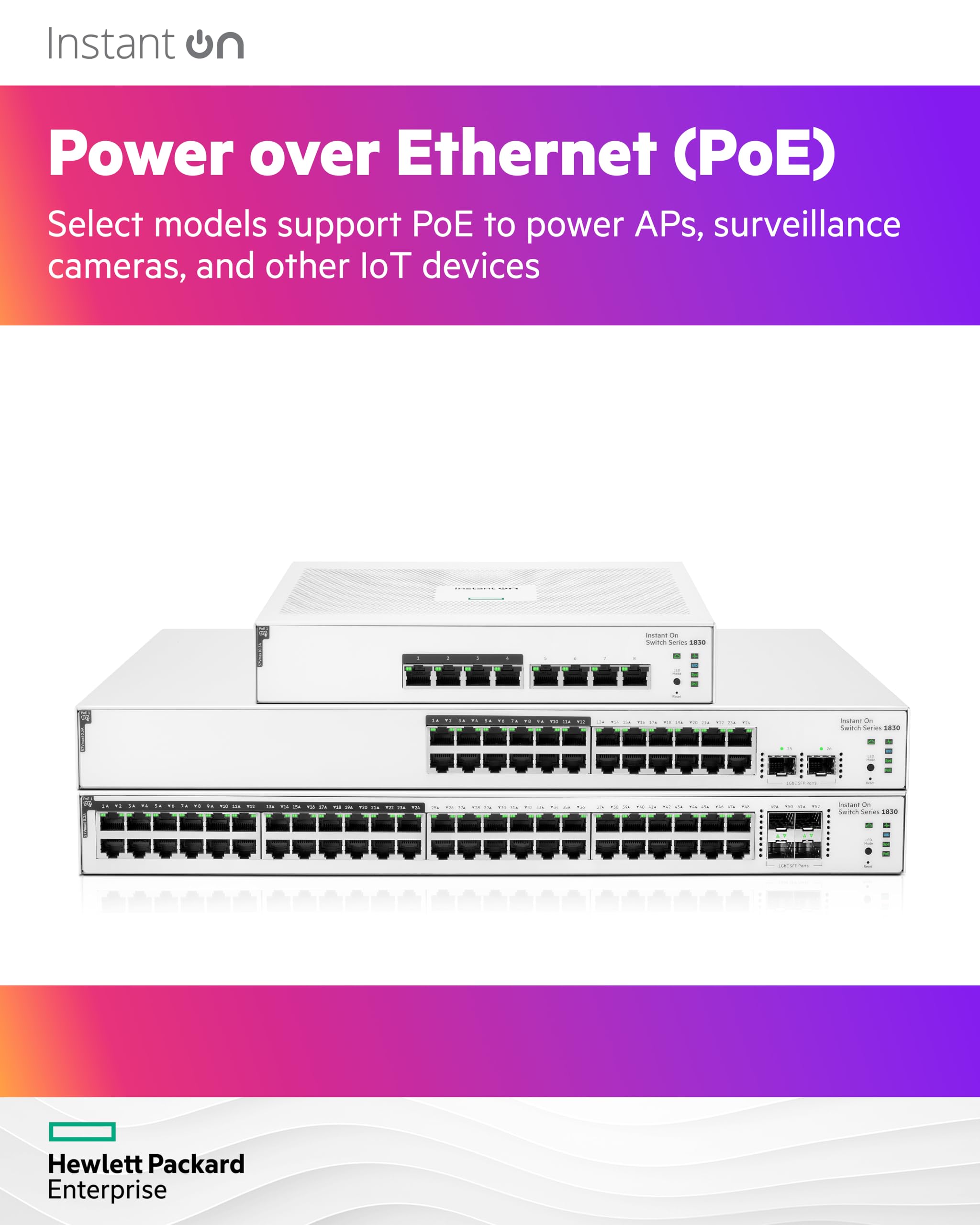 HPE Networking Instant On Switch Series 1830 48-Port Gb Smart-Managed Layer 2 Ethernet Switch with PoE | 48x 1G | 4X SFP | 24x CL4 PoE (370W) | Fan-Less | US Cord (JL815A#ABA)