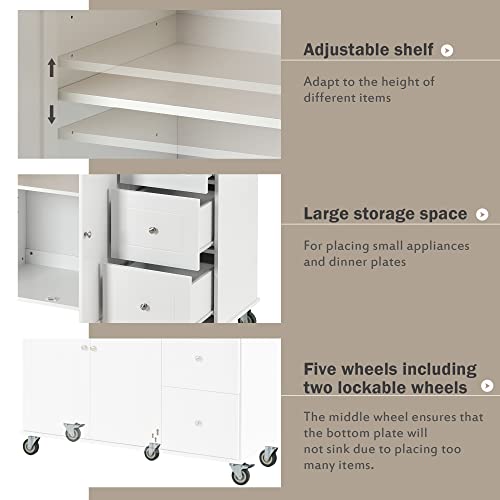 Kitchen Island Carts on Wheels, Rolling Storage Cabinet Trolley 52.7" Foldable Drop-Leaf Breakfast Bar Spice Rack, Towel Rack & Drawer, Solid Wood Top Buffet Server Sideboard(White-B)