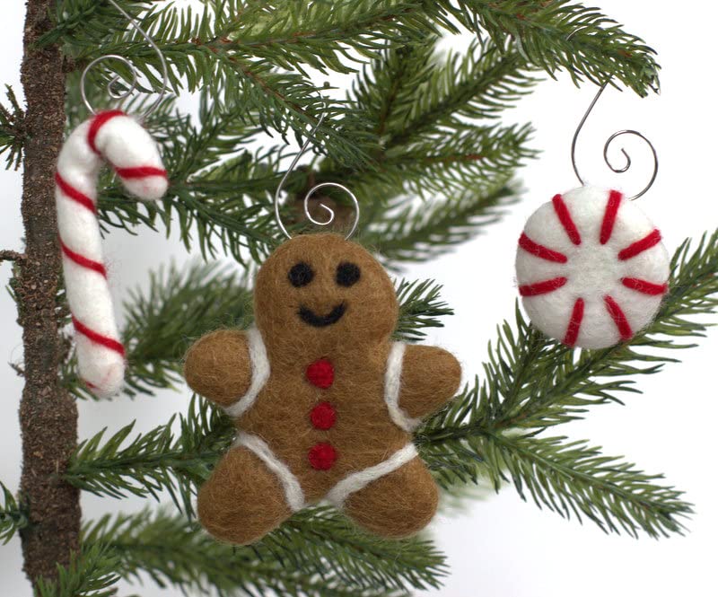 Felt Christmas Ornaments- Gingerbread Man, Peppermint, Candy Cane- With Hooks- Winter- Tree Decor- Holiday Decoration
