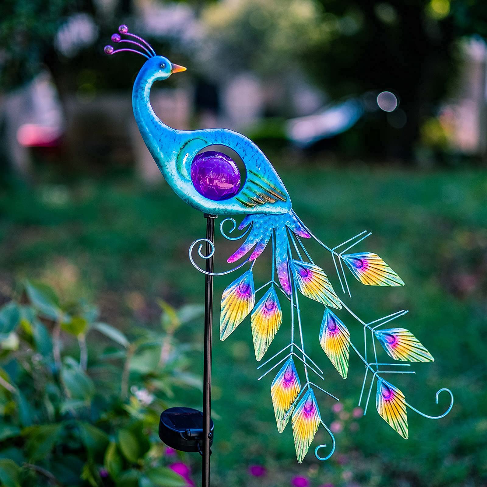 Stargarden Metal Solar Peacock Garden Stake, Garden Lights Solar Powered Waterproof Landscape Path Lights Outdoor Decorations for Pathway Patio Yard Lawn (Purple Ball)