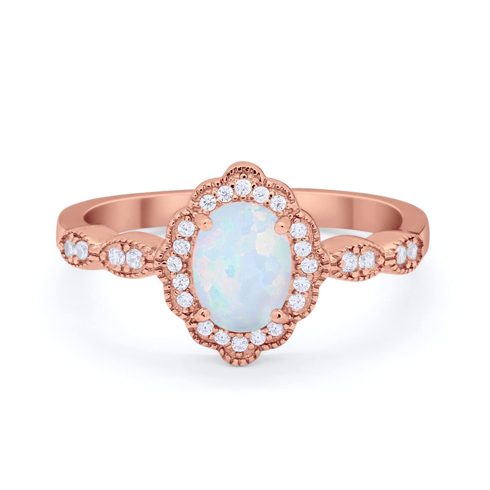 Blue Apple Co. Halo Art Deco Oval Wedding Engagement Bridal Ring Round Rose Tone, Lab White Opal 925 Sterling Silver Size-10
