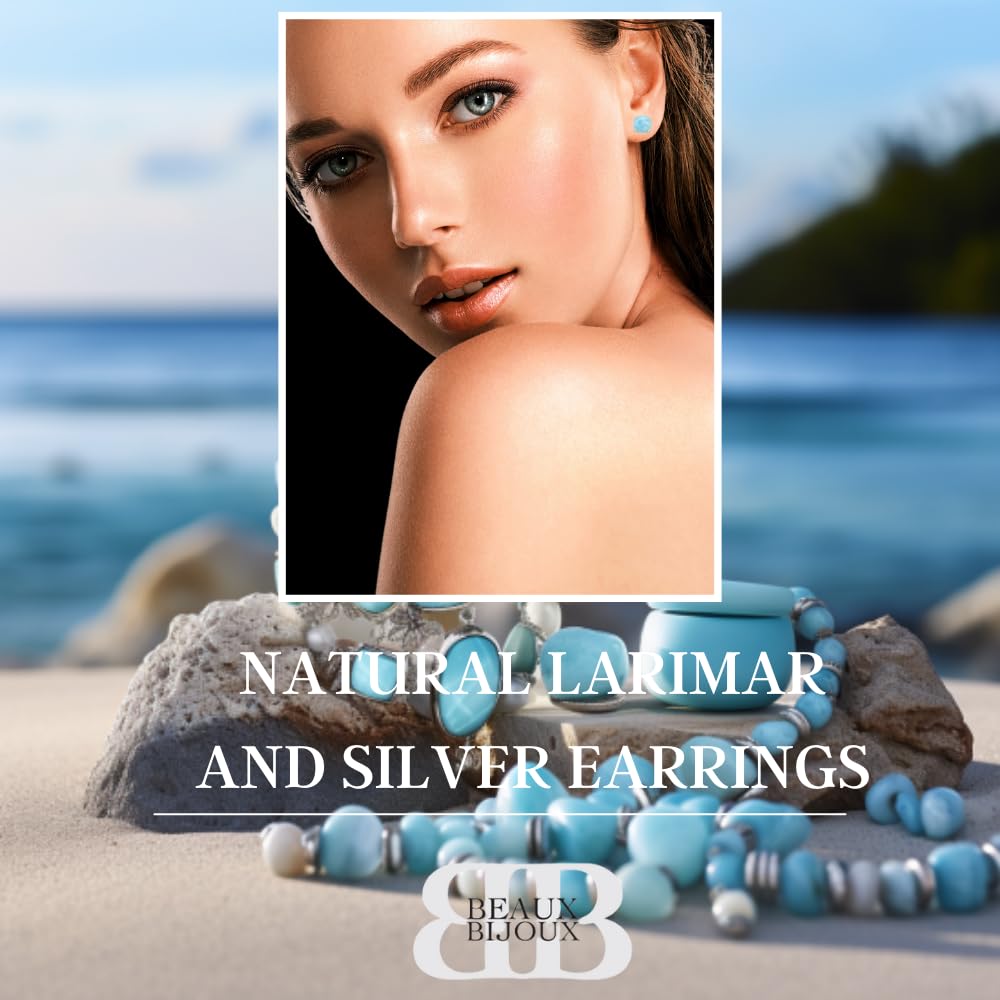 Beaux Bijoux Sterling Silver Larimar Blue Earrings for Women - Natural Larimar Jewelry - Beautiful Blue Larimar Stones - Round Hypoallergenic Stud Earrings - Unique Larimar Earrings