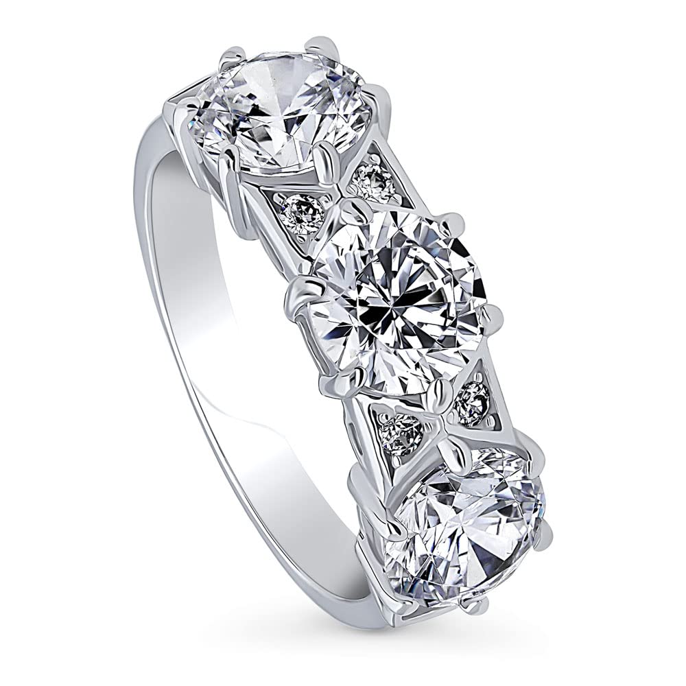 BERRICLE Sterling Silver 3-Stone Wedding Engagement Rings Round Cubic Zirconia CZ Statement Art Deco Ring for Women, Rhodium Plated Size 7