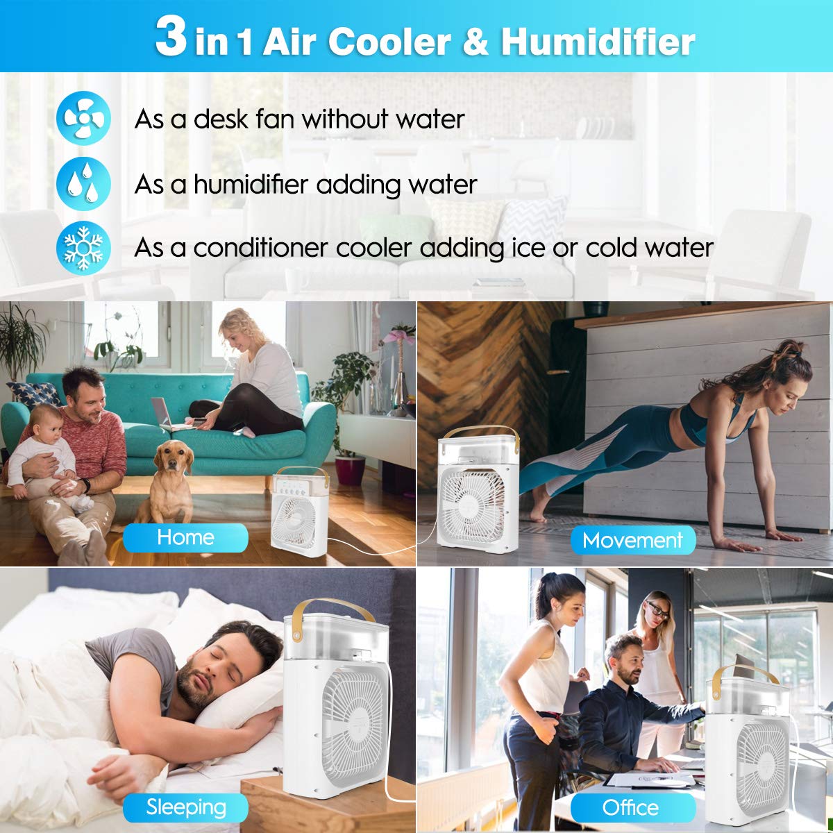 Portable Air Conditioner Fan,900ML Personal Air Conditioner with Ice Tray,5in1 Timming Evaporative Air Cooler,Cooling Fan with 7 Colors Light, 5 Sprays,3 Speeds,Ac Fan for Small Room,Office,Car,Camp (White)