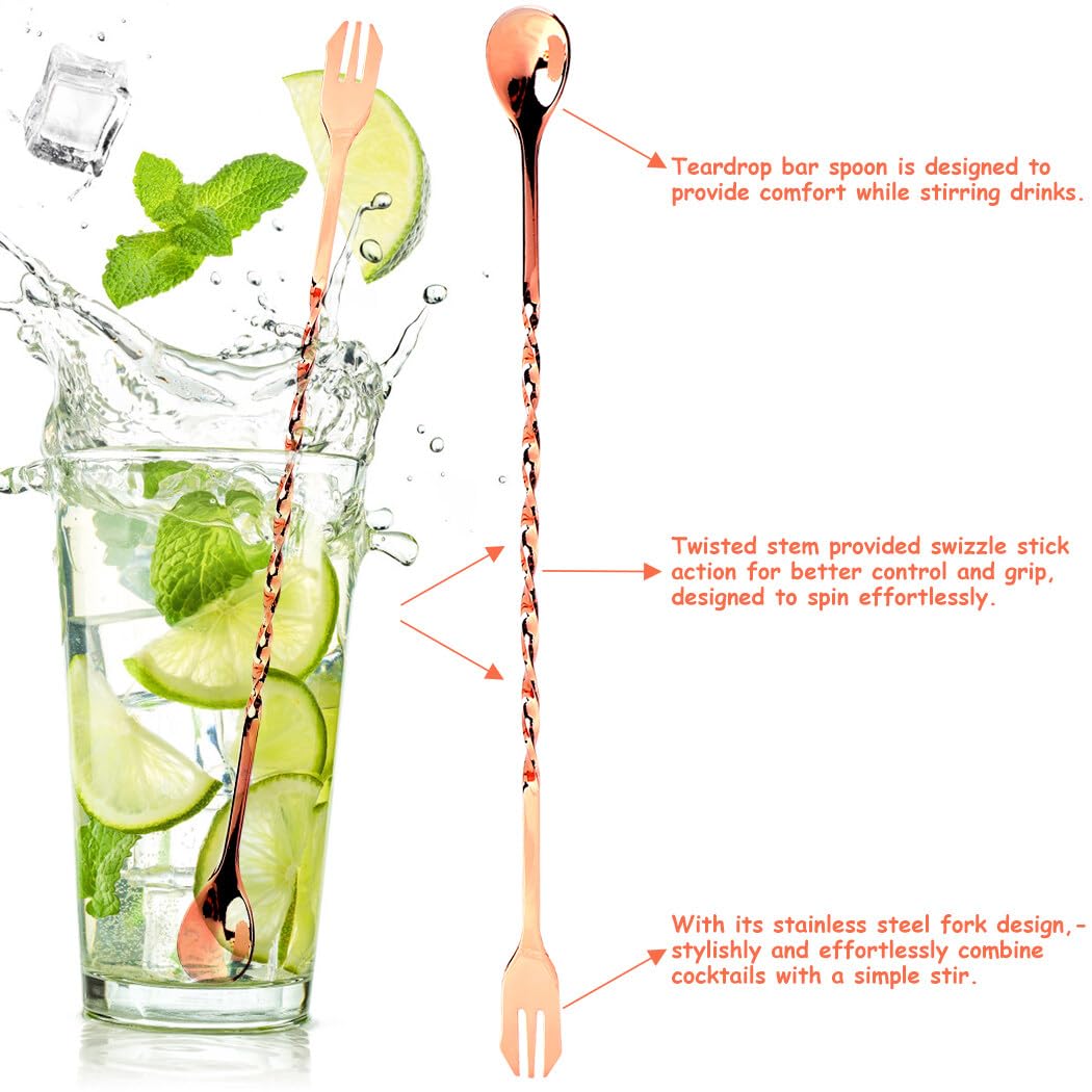 Cocktail Tools, JUSTDOLIFE Stainless Rose Gold Mixing Spoon Double Jigger with Cocktail Ice Muddler and Cocktail Bar Strainer for Home Bar Cocktail Drinks
