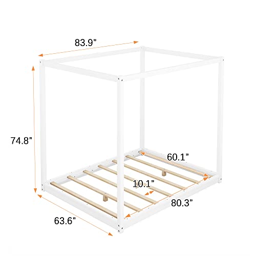 FIQHOME Queen Size Canopy Platform Bed with Support Legs,Four-Poster Canopy Platform Bed Frame with Headboard, Wooden Queen Bed with Support Legs,for Kids Teens Adults, No Box Spring Needed,White
