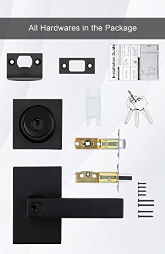 goldenwarm Keyed Alike Black Door Handle with Deadbolt, Square Contemporary Matte Black Exterior Door Lock Set with Deadbolt, Heavy Duty Zinc-alloyed Front Entry Door Locksets with Deadbolt(1 Pack)