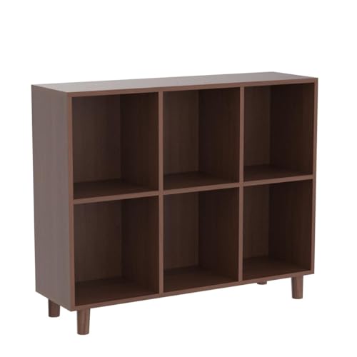 IOTXY Freestanding Open Cubes Bookcase - 2-Tier Floor Standing Wooden Storage Display Cabinet Organizer with Legs for Home Office, 6-Cubes Open Shelf Low Short Bookshelf, Walnut