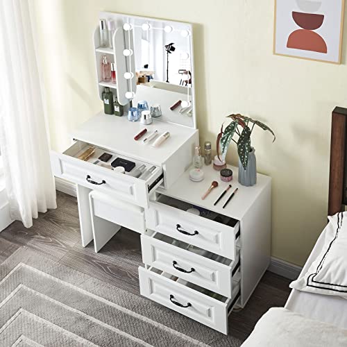 JBLCC Makeup Vanity Table with Lighted Mirror,Makeup Vanity with Power Outlet and Drawers, Storage Shelves, Vanity Desk for Woman Girls, White (5951USB)