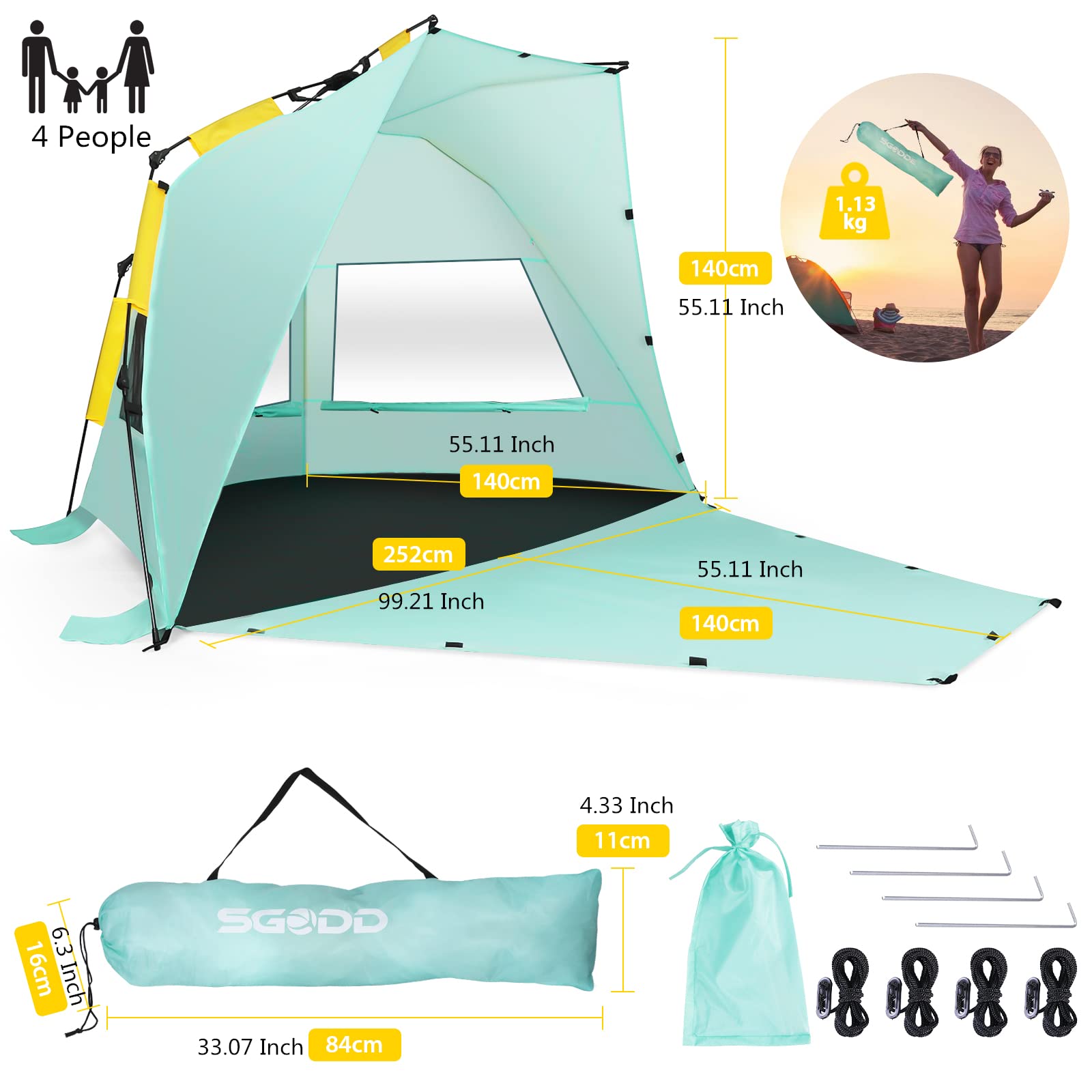 BRGOOD X-Large 4 Person Beach Tent Sun Shelter, Pop Up Tent Instant Tent for Beach Extendable Floor with 3 Ventilating Windows for Camping, Outdoor, Beach Waterproof Windproof with Carrying Bag