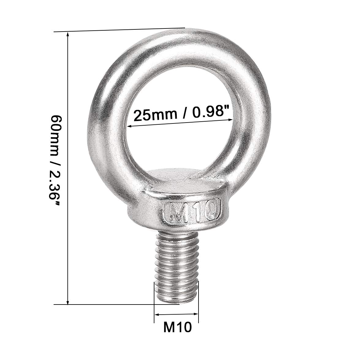uxcell - a11102500ux0167 Lifting Eye Bolt M10 x 15mm Male Thread 304 Stainless Steel for Hanging, Pack of 2 Silver Tone