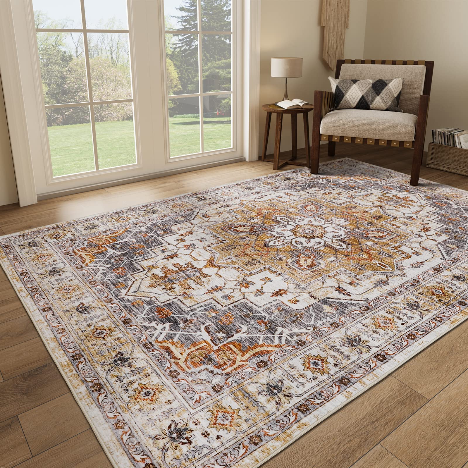 befbee 5x7 Area Rugs for Living Room,Stain Resistant Washable Rug,Non-Slip Backing Rugs for Bedroom,Kitchen,Printed Vintage Home Decor Rug (Turmeric/Grey, 5'x7')
