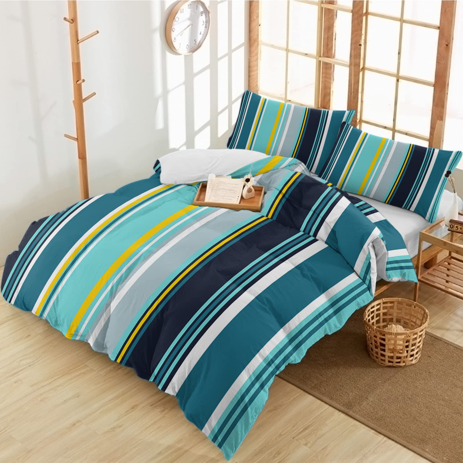 Duvet Cover Set 3 Pieces Queen Bedding Sets Teal Navy Gradient Stripe Abstract Geometric Luxury Comforter Cover with Pillowcases Microfiber Bedroom Quilt Covers-Zipper Closure Vertical Ombre Lines