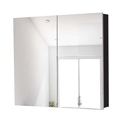 Bathroom Cabinet Wall Mounted with Double Mirror Doors Bathroom Medicine Wall Cabinet Hanging Shelves Metal with Framless Storage Shelves Recess or Surface Mount 60 * 70cm,Black ()
