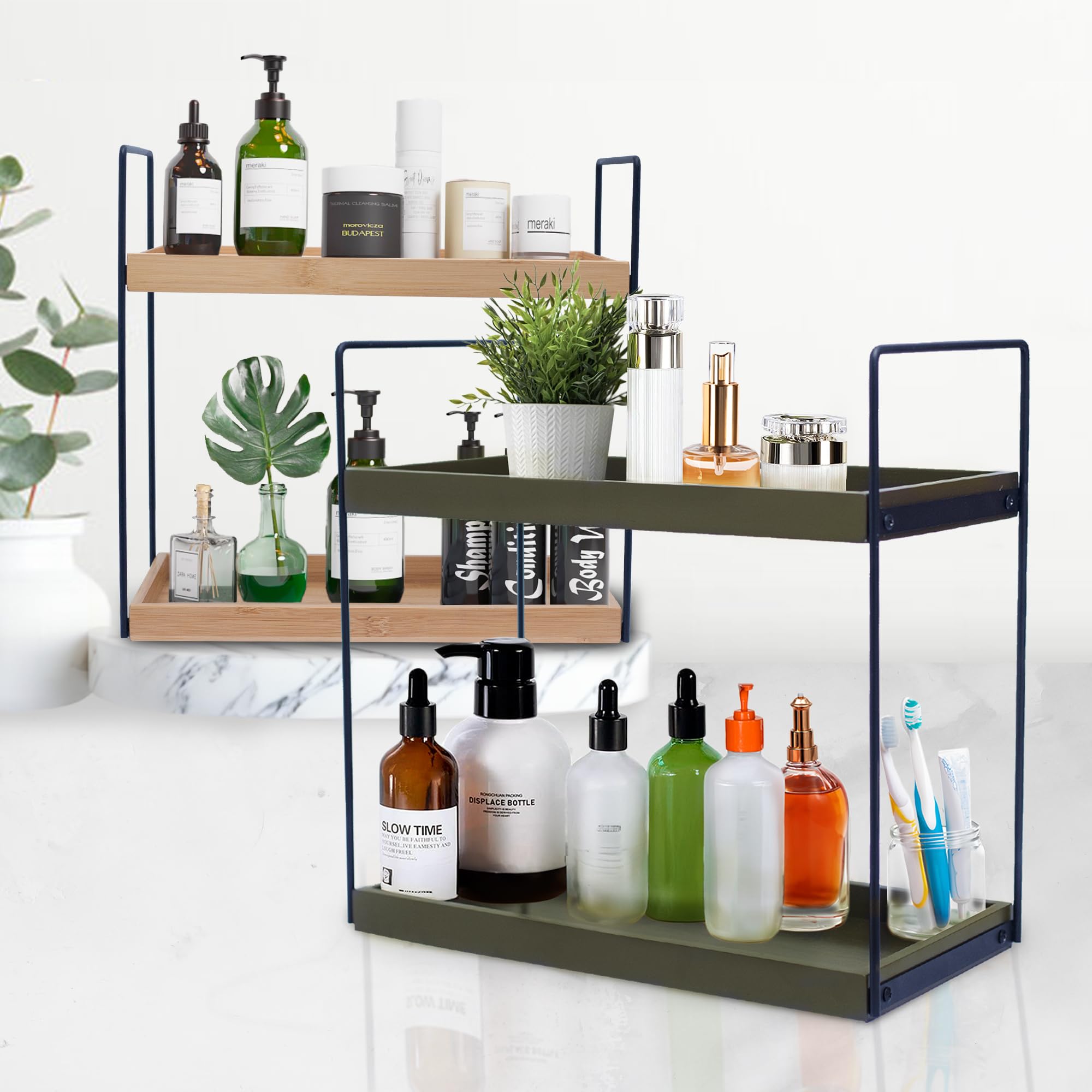Duvonne 2-Tier Bathroom Countertop Organizer with Free Tools for Quick Assembly 100% Bamboo Durable - Water Resistance Bathroom Counter Shelf - Space Saver Standing Trays for Kitchen (Natural Color)