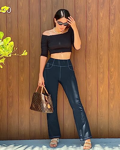 G4Free Bootcut Yoga Casual Pants for Women with Pockets Flare Jeans Jeggings Lounge Pants (Navy,M)