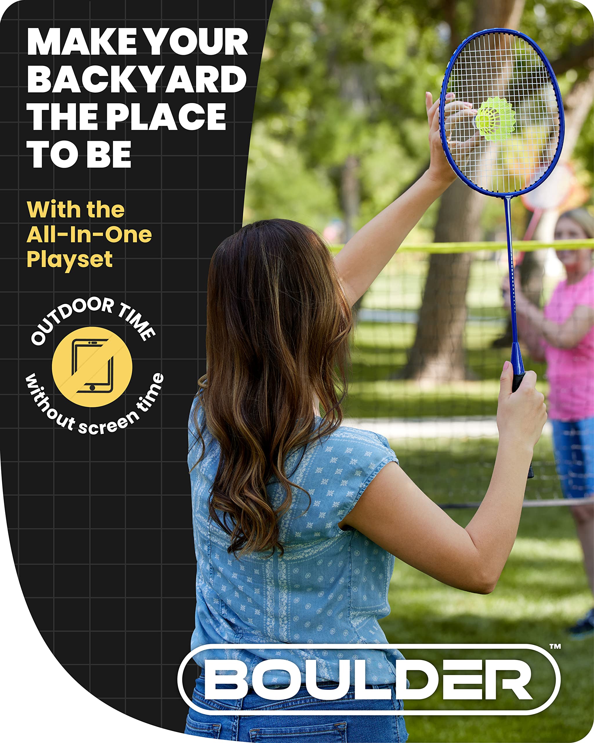 BOULDER Sports Pickleball Paddles & Badminton Set for Backyard - Includes 4 Rackets, 2 Pickleball Paddles, 3 Shuttlecocks, 2 Pickleballs & 2 Travel Bags - Easy Setup Volleyball & Racket Sports Net