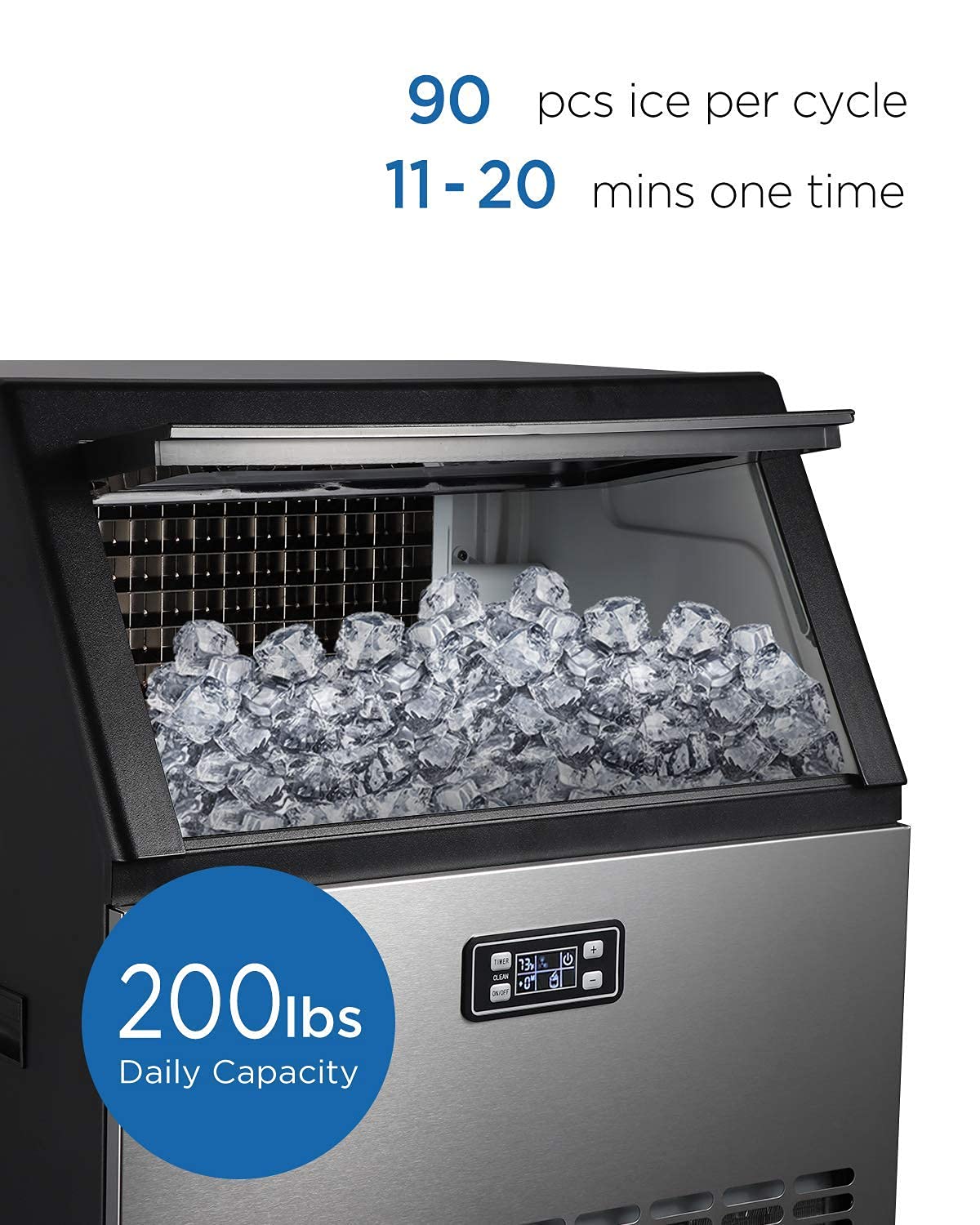 Commercial Ice Maker - Produces 200lbs of Ice in 24 Hrs with 55lbs Storage Bin -Automatic Ice Cube Making Machine with Self Clean, Stainless Steel Freestanding Ice Machine for Bar Coffee Shop Business