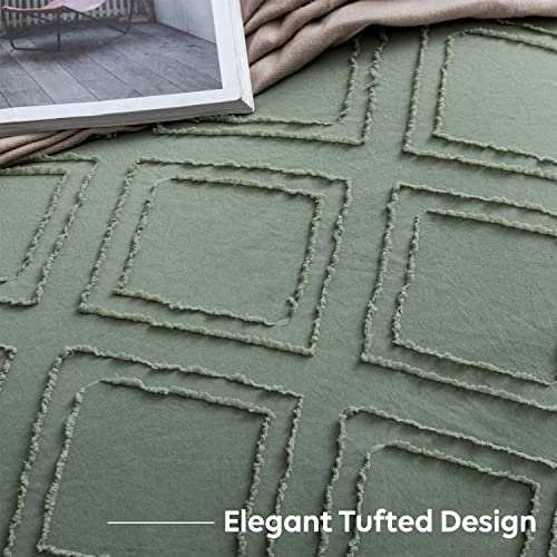 JELLYMONI Green Duvet Cover Twin Size - 3 PCS Microfiber Tufted Duvet Cover Set, Boho Textured Duvet Cover Jacquard Rhombus Geometric Pattern Duvet Cover with Corner Ties & Zipper Closure