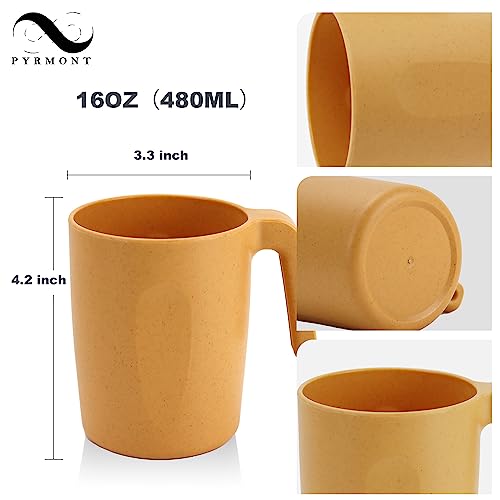PYRMONT Wheat Straw Cups-Mug Set of 6,Reusable Plastic Coffee Mug,Tea Cup with Handles,16 oz Mug Set for Coffee,Camping,Wine,Unbreakable Drinking Glasses Stackable,BPA-Free,Dishwasher & Microwave Safe