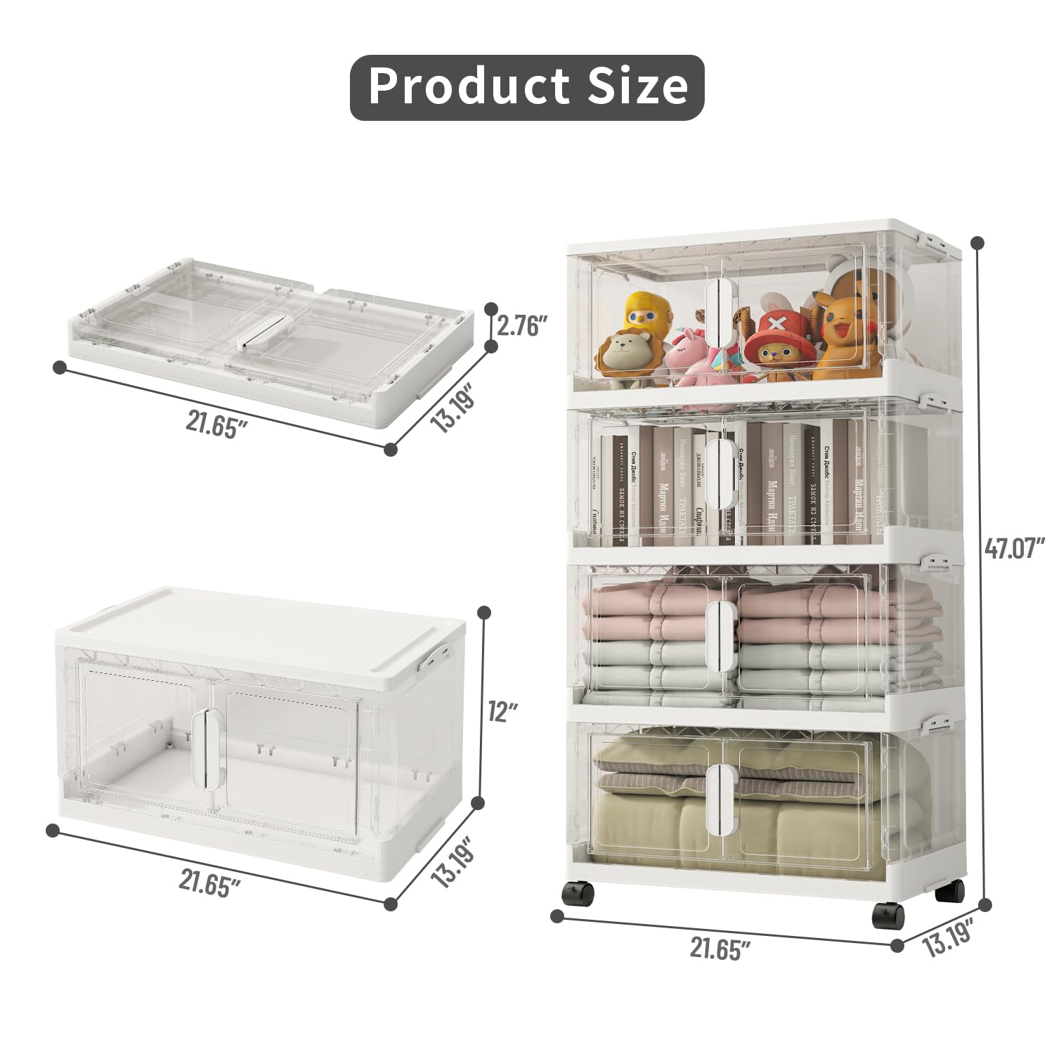 Dimmeda Clear Storage Bins with Lid,15 Gal Collapsible Storage Bins with Wheels,4 Packs Plastic Storage Bins, Closet Organizers and Storage,Open Front Stackable Storage Bins for Closet Clothes