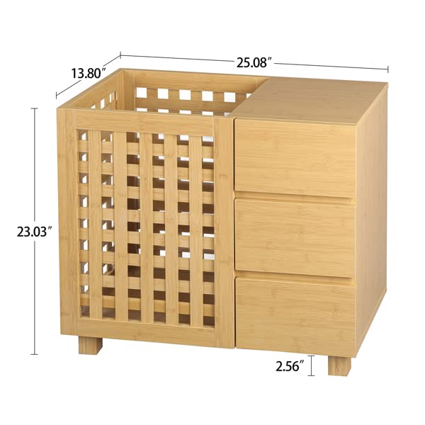 Duitrc 23" Wood Laundry Hamper Bathroom Storage Basket with 3 Drawer Bamboo Bathroom Laundry Hamper Large Storage Dirty Clothes Basket for Towels Blanket Toys in Dorm Bedroom Closet and Bathroom